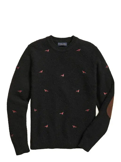 Brooks Brothers Brushed Wool Sweater With Pheasant Embroidery And Suede Elbow Patches - Black