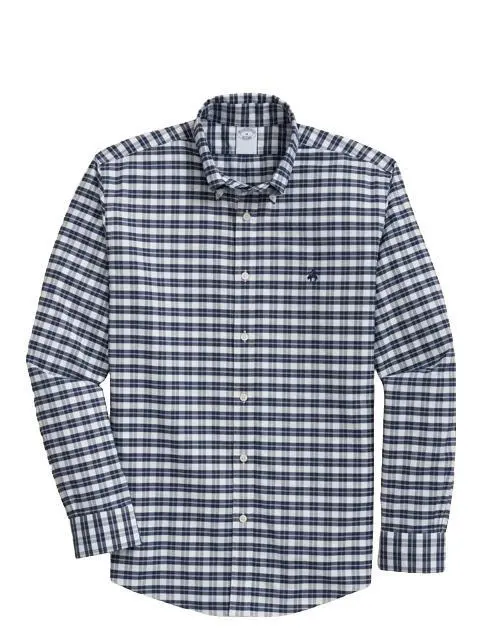 Brooks Brothers Stretch Cotton Non-iron Oxford Polo Button Down Collar, Checked Shirt - Navy