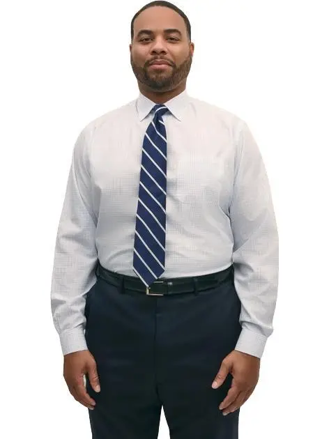 Brooks Brothers Big & Tall Stretch Cotton Broadcloth Non-iron Ainsley Collar, Tattersall Dress Shirt - Blue