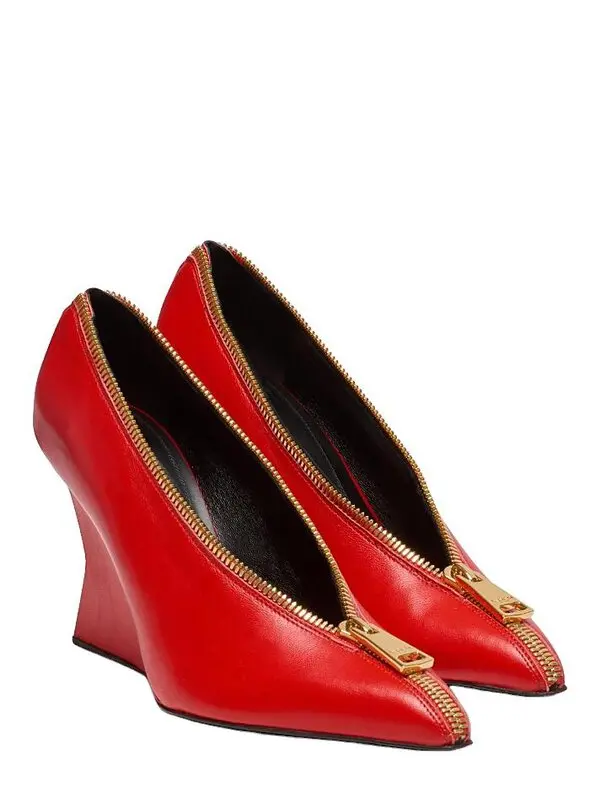 Balmain Zip Wedge Pumps In Lambskin Leather - Red