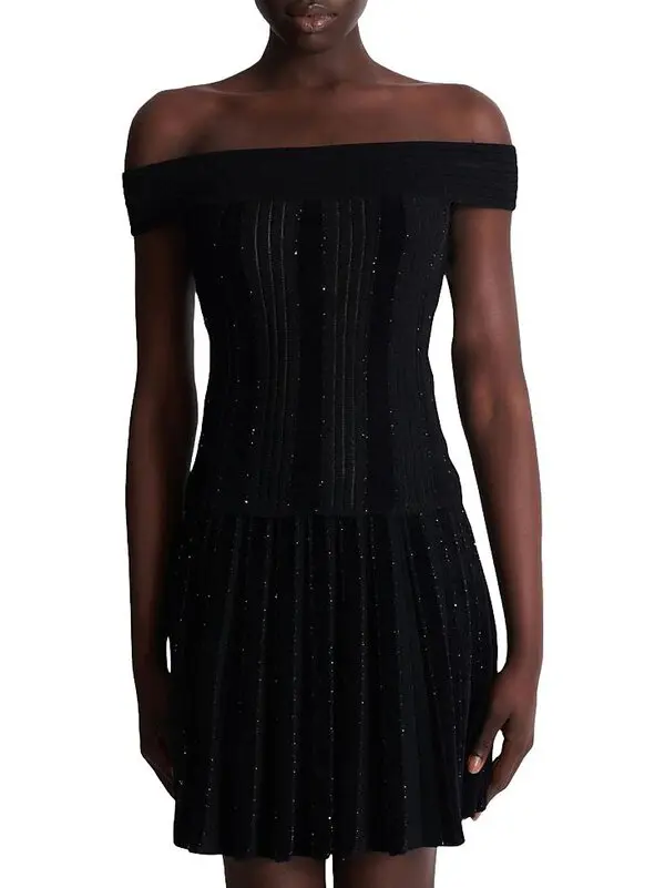 Balmain Off-the-shoulder Glitter Knit Top - Black