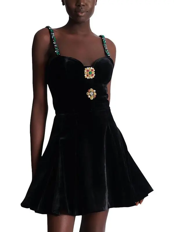 Balmain Embellished Strappy Velvet Mini Dress - Black