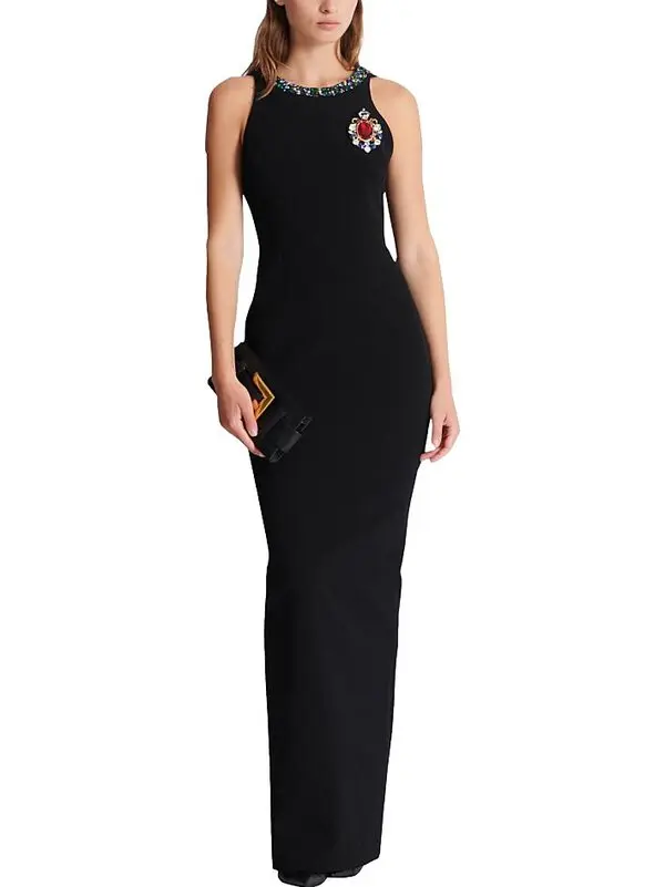 Balmain Long Sleeveless Embroidered Velvet Dress - Black