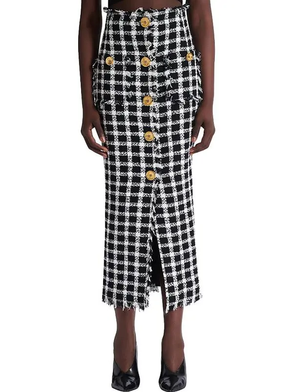 Balmain Gingham Tweed Midi Skirt - Black