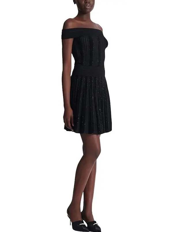 Balmain Pleated Glitter Knit Off-the-shoulder Mini Dress - Black