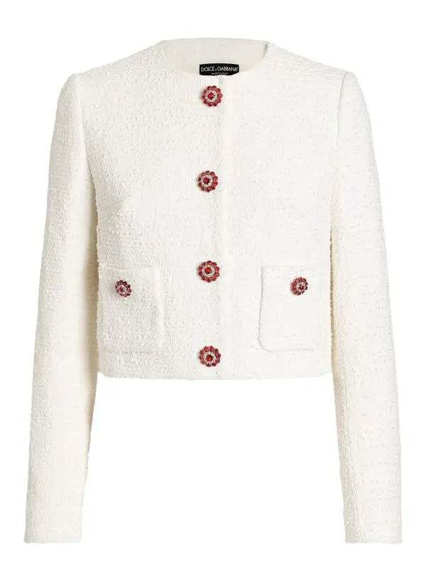 Dolce & Gabbana Cropped Tweed Jacket With Embellished Buttons - White