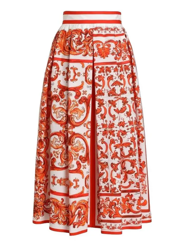 Dolce & Gabbana Maiolica Print Cotton Midi Skirt - Orange