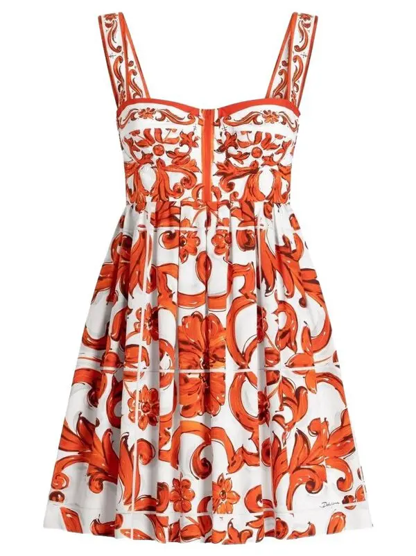 Dolce & Gabbana Maiolica Print Cotton Mini Dress - Orange