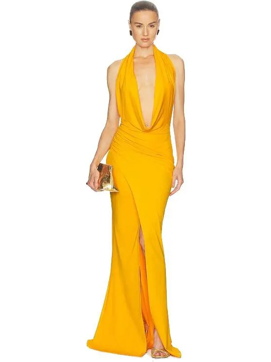 Lapointe Matte Tech Cowl Neck Shirred Gown - Marigold