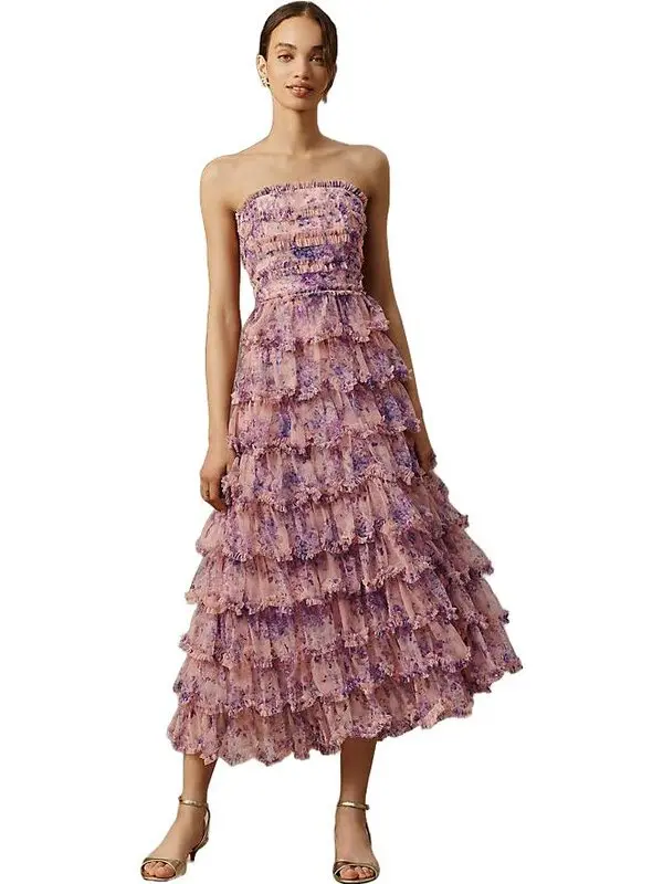 Mac Duggal Strapless Ruffled Mesh Midi Dress - Pink Pattern