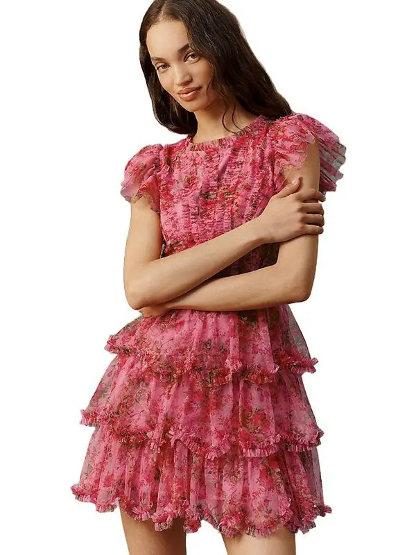 Mac Duggal High-neck Mini Dress With Ruffle Detailing - Pink Pattern