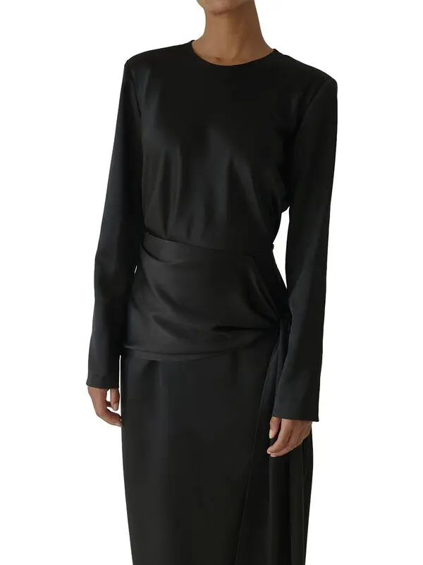HEIRLOME Ruth Top Double Face Silk Satin Crew Neck Long Sleeve Top - Black