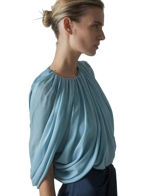 HEIRLOME Asymmetrical Draped Silk Top - Sky