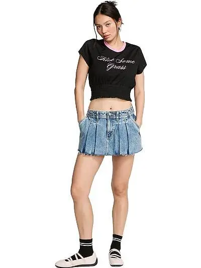 Pink Mesh Cropped T-shirt With Smocked Hem - Black