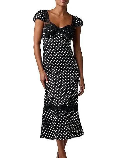 Victoria's Secret Polka Dot Midi Dress With Lace Trim - Black