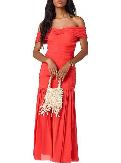 Victoria's Secret Astr The Label Off-the-shoulder Ruched Maxi Dress - Red