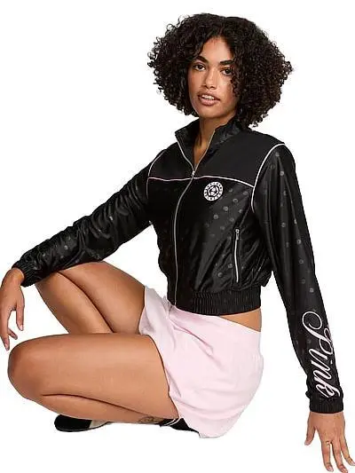 Pink Satin Mock Neck Full-zip Jacket With Polka Dot Print - Black