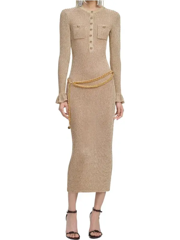 SELF-PORTRAIT Ribbed Chain Belt Midi Dress - Golden