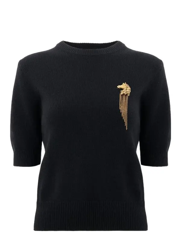 Chloé Short-sleeved Knitted Pullover With Horse Brooch - Black