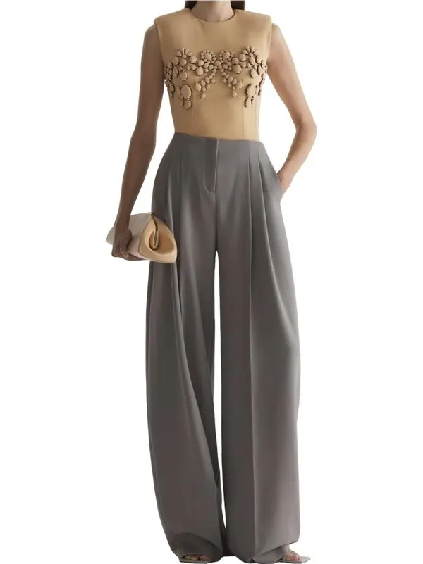 MUGLER Sleeveless Round Neck Embroidered Top - Beige