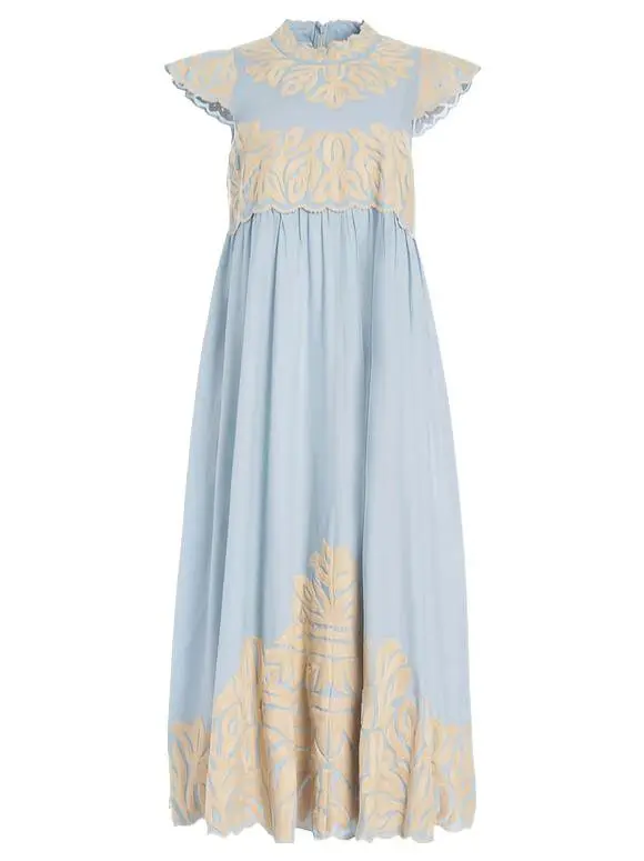Sea Alexandra Embroidery Cap-sleeve Midi Dress - Blue