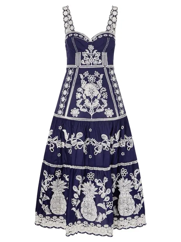 Farm Rio Richelieu Embroidered Sleeveless Midi Dress - Blue