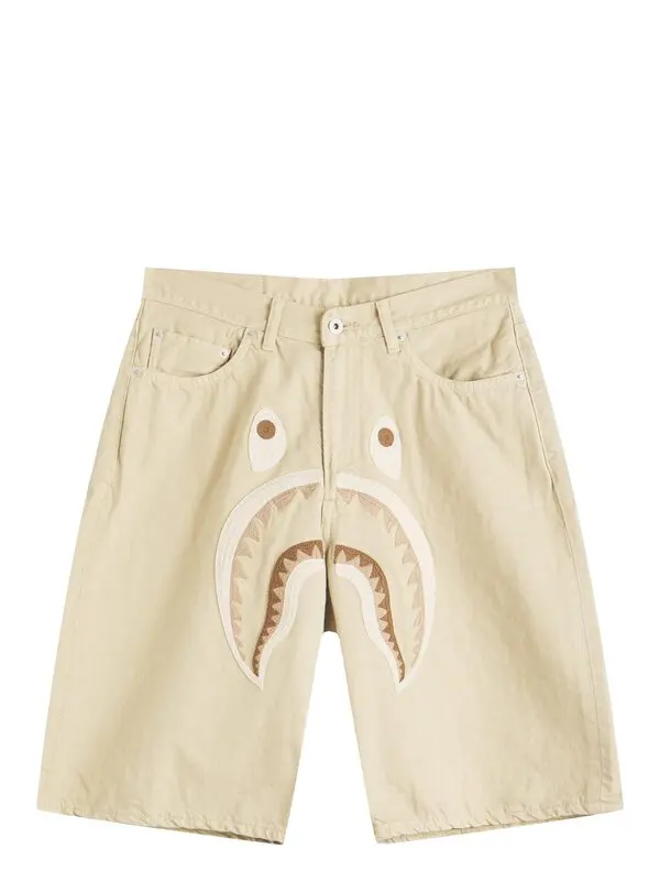 A BATHING APE Shark Garment Dye Relaxed Fit Denim Shorts - Beige