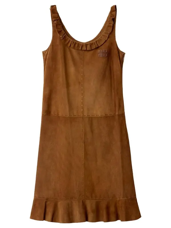Miu Miu Waxed Suede Mini Dress With Ruffled Neckline - Brown