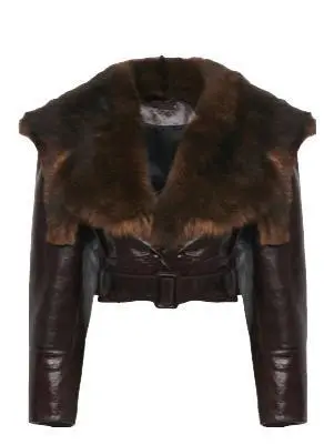 Chloé Cropped Leather Jacket With Fur Collar - Opaque Brown
