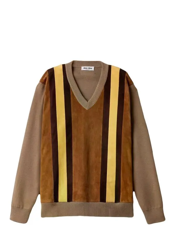 Miu Miu Wool And Suede V-neck Sweater - Brown