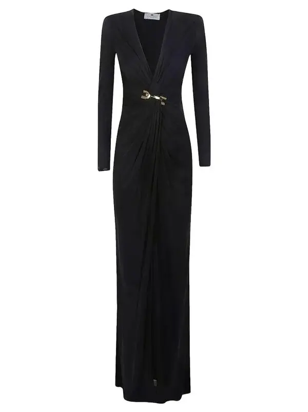 Elisabetta Franchi Gathered Maxi Dress With Gold-tone Hardware - Black