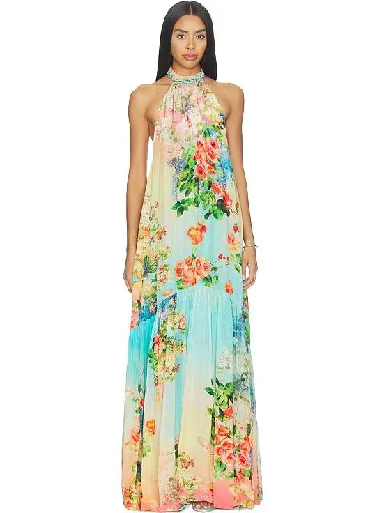 Hemant & Nandita Floral Print Halterneck Maxi Dress - Blue
