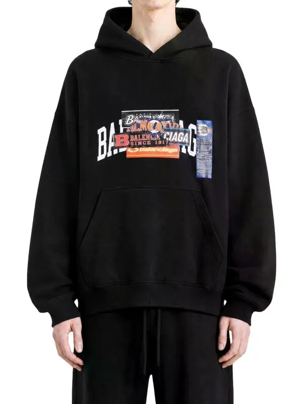 Balenciaga Logo Print Cotton Hoodie - Black