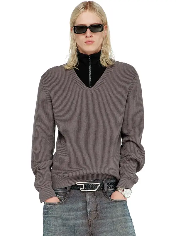 DIESEL® Ribbed V-neck Sweater With Layered Technical High Neck - Multicolor
