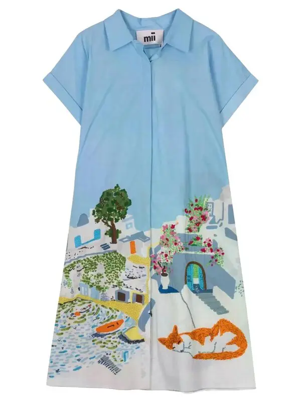 MII Elios Embroidered Graphic-print Shirt Mini Dress - Blue