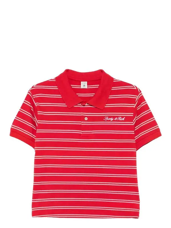 SPORTY & RICH Striped Logo Embroidered Cotton Polo Shirt - Red