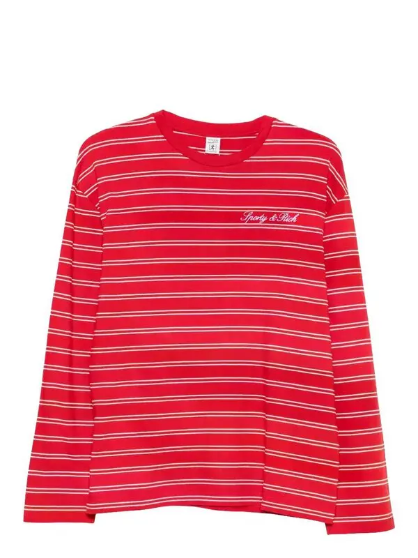 SPORTY & RICH Striped Logo-embroidered Long-sleeve Cotton T-shirt - Red