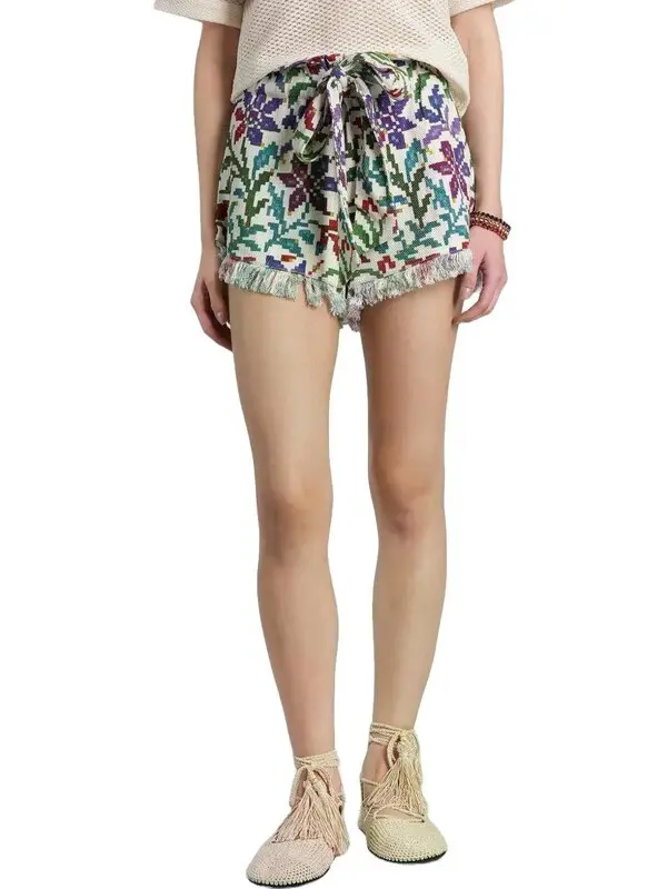 SIEDRES Floral Print Fringed Shorts - Neutrals