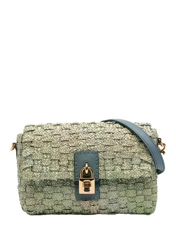 Dolce & Gabbana Leather Trimmed Woven Raffia Padlock Crossbody Bag - Blue