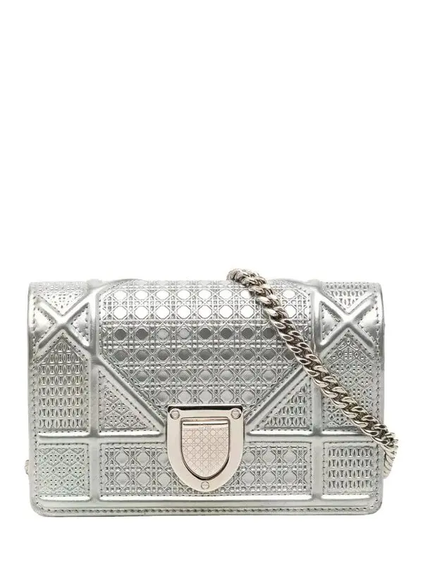 Dior Baby Metallic Patent Microcannage Diorama Flap Crossbody Bag - Silver