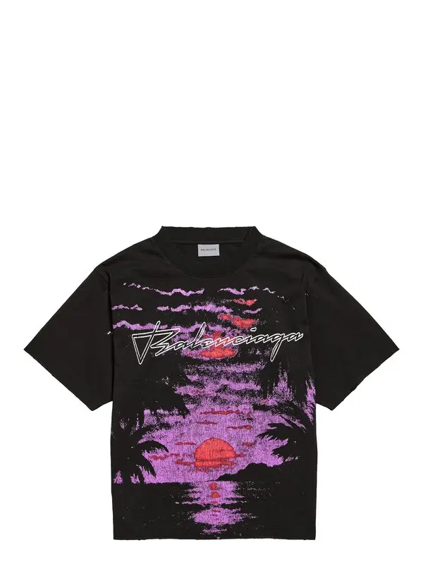 Balenciaga Distressed Cotton Oversized T-shirt With Vintage Graphic - Black