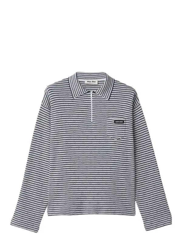 Miu Miu Striped Zip Polo Knit Top - White/blue