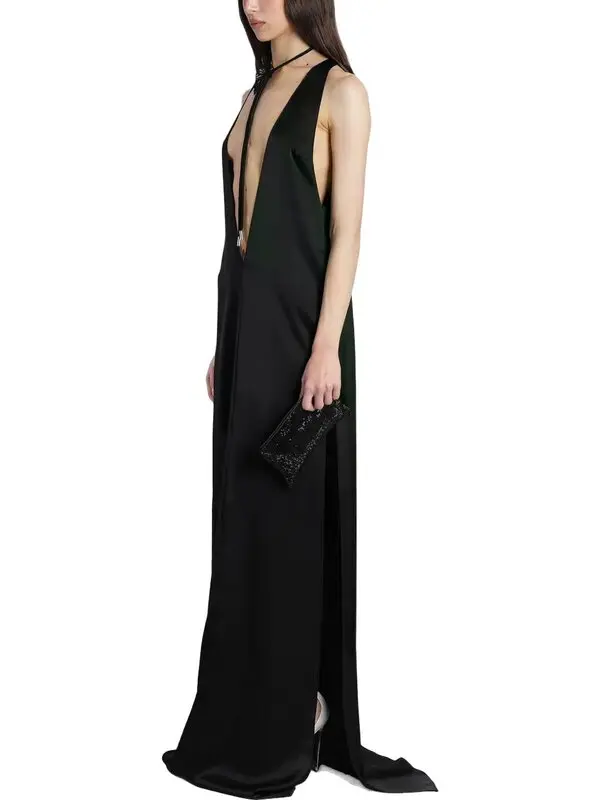David Koma Satin Plunge V-neck Side-slit Dress - Black