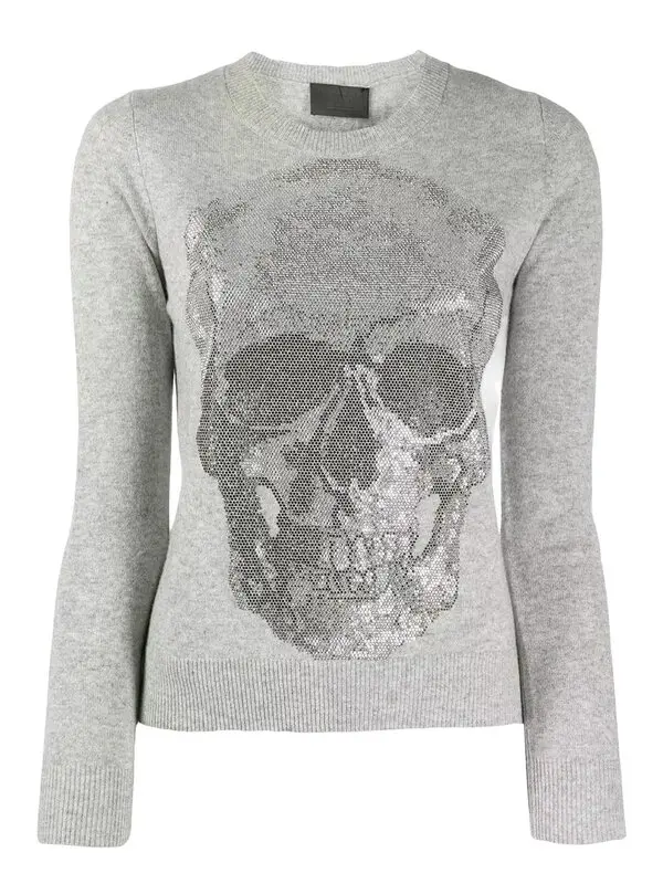 Philipp Plein Crystal Embellished Skull Cashmere Jumper - Grey
