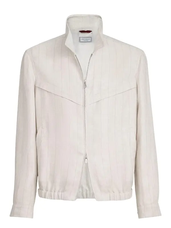 Brunello Cucinelli Linen Chevron Stripe Zip-up Jacket - Shell