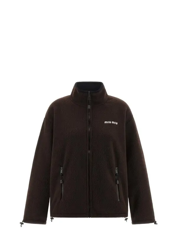 Miu Miu Fleece Zip-up Sweatshirt With Embroidered Logo - Brown