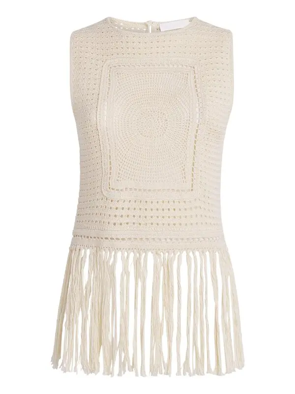 Zimmermann Indra Crochet Knit Tank Top With Fringe - Ivory