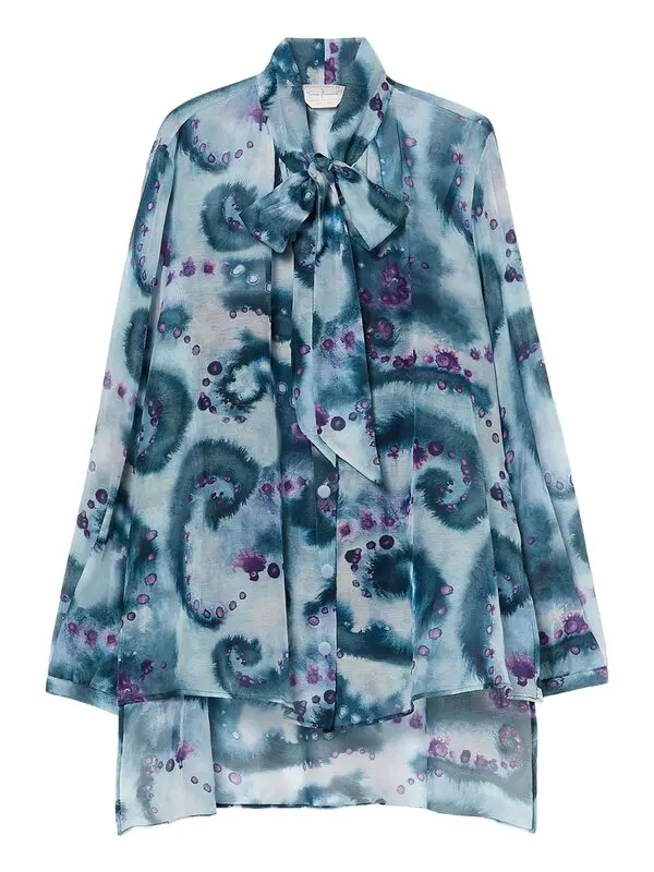 Marina Rinaldi Printed Cotton-silk Blouse With Necktie Detail - Navy