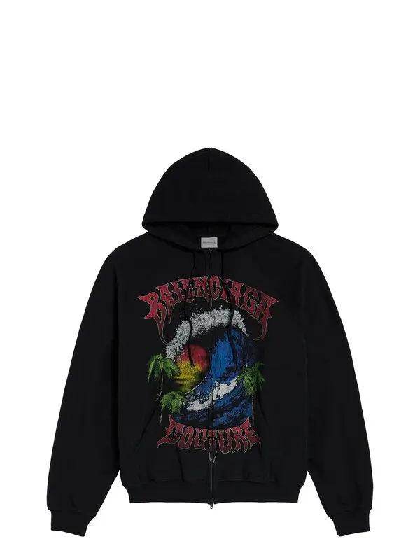 Balenciaga Cotton Graphic Zip-up Hoodie - Black