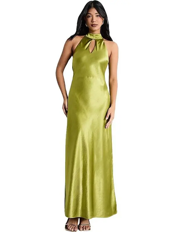 WAREHOUSE Satin Tie Neck Cowl Maxi Dress - Olive